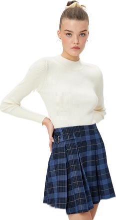 Koton Women Varsity Mini Skirt A Cut High-Rise Pleated Half Belt Detail