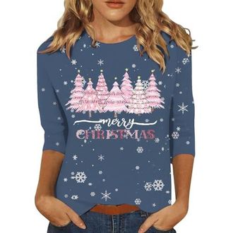 Generic Chemises de Noël pour femmes pull imprimé col rond manches sept quarts pull ample fille, Chemises à manches longues pour femme Bleu marine, XXL