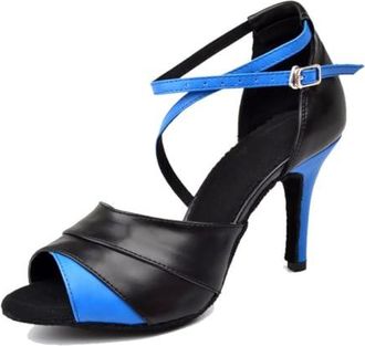 MGM-Joymod Chaussures de danse en cuir à talon aiguille avec bout ouvert et sangle de cheville pour femme - Noir - Black Blue/8.5cm Heel, 38 EU