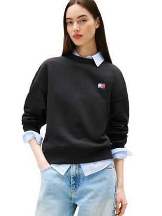 Tommy Jeans Pull &agrave; col Rond pour Femme avec Logo du Drapeau brod&eacute;, Noir, Large