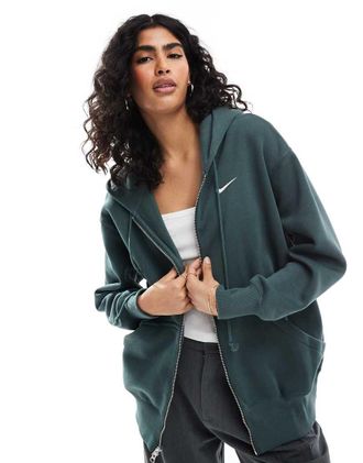 Nike Phoenix Fleece - Oversize-Kapuzenpullover in Vintage-Gr&uuml;n mit kurzem Rei&szlig;verschluss