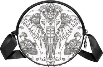 Generic Sac &agrave; bandouli&egrave;re rond pour femme, petit sac &agrave; bandouli&egrave;re ethnique &eacute;l&eacute;phant avec fermeture &eacute;clair, bretelles r&eacute;glables, sac &agrave; main rond d&eacute;contract&eacute; p