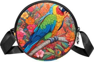 Generic Petit sac &agrave; bandouli&egrave;re rond pour femme, motif perroquet avec fermeture &eacute;clair, bretelles r&eacute;glables, sac &agrave; main rond d&eacute;contract&eacute; pour femmes et filles