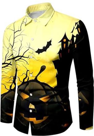 Generic 2026 Chemise à manches longues imprimée pour homme Halloween Coupe ajustée, jaune, XXXL