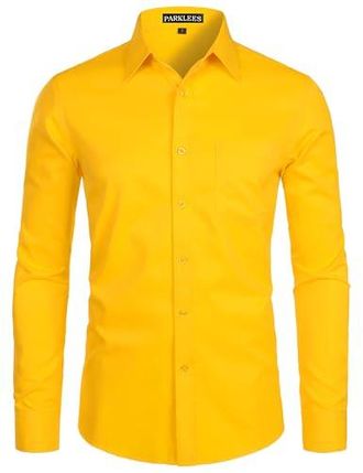 PARKLEES Chemise habill&eacute;e &agrave; manches longues pour homme, coupe ajust&eacute;e, style d&eacute;contract&eacute;, business ou formel, &agrave; boutons avec poche, jaune, XXL