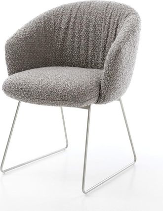 DELIFE Esszimmerstuhl Caja-Flex mit Armlehnen Bouclé Silbergrau Kufengestell Edelstahl Taschenfederkern, Esszimmerstühle