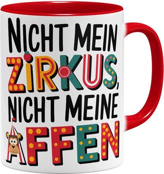OM3 lustige Kaffee-Tasse mit Spruch - Nicht mein Zirkus nicht meine Affen - Zirkuszelt Äffchen - Statement Bürotasse V - Keramik Becher - 325ml - Beidseit