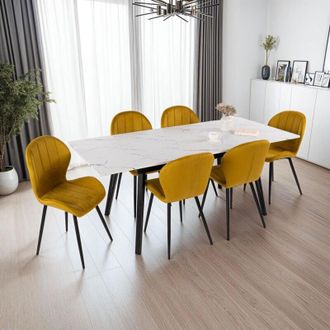 M&S Collection Table extensible effet marbre blanc + 6 chaises en velours moutarde