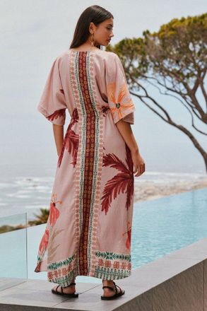 Next Maxikleid Kurz&auml;rmeliges Maxi-Kaftankleid mit V-Ausschnitt (1-tlg)