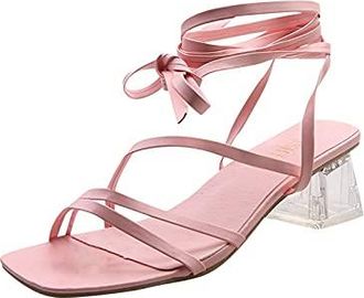 Generic Sandales &agrave; talon &eacute;pais pour femme - Sandales &agrave; talons carr&eacute;s en cristal - Couleur unie - Sandales tendance &agrave; bout carr&eacute; - Sandales plates &agrave; bride de c