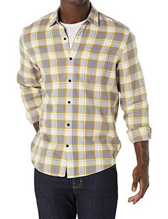 Amazon Essentials Chemise en Flanelle à Manches Longues (Grandes Tailles Disponibles) Homme, Gris Jaune Écossais, XL