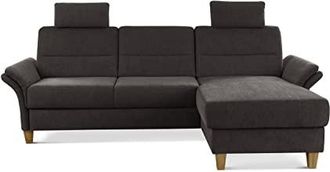 Cavadore Ecksofa Wyk mit Federkern / Eckcouch im Landhaus-Stil mit Longchair, 2 Kopfstützen + Holzfüßen / 252 x 90 x 162 / Chenille, Braun