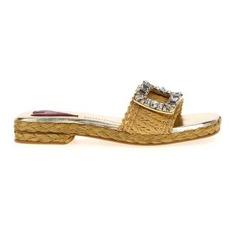Roger Vivier Femme, Chaussures, Beige, Taille: 36 EU Strass Buckle Raffia Sandales