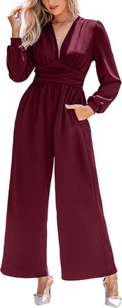 Cupshe Damen Jumpsuit Tiefer V-Ausschnitt Overall Lange Puff&auml;rmel Weites Bein Playsuit Elegant L&auml;ssig B&uuml;ro Hosenanzug Schwarz M