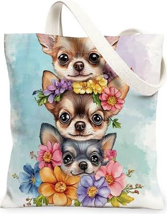 Generic Sac fourre-tout en toile motif chihuahua printanier pour le shopping 33 x 38 cm, sac &agrave; bandouli&egrave;re r&eacute;utilisable pour femme, peinture pour animaux dome