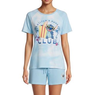 Disney Stitch T-shirt et Short pour Femmes, Pyjama Coton Ensemble 2 Pi&egrave;ces Stitch Design Surf Club, Cadeau pour Femmes et Adolescents | Taille XL | Bleu
