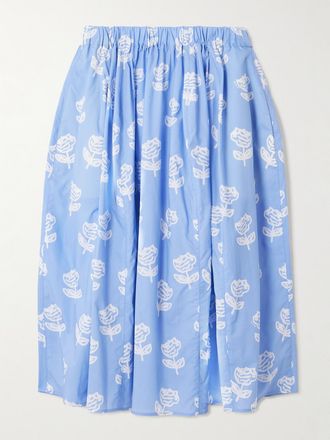 Marni Jupe Midi En Popeline De Coton À Imprimé Fleuri Et À Plis - Bleu