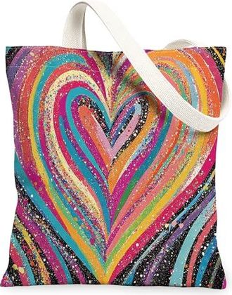 Generic Sacs fourre-tout en toile en forme de coeur color&eacute;, motif artistique vif, sacs d&eacute;picerie, sacs d&eacute;picerie r&eacute;utilisables, style boh&egrave;me chic, l&eacute;ger, lava