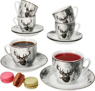 MamboCat Alois Kaffeetassen mit Untertassen für 6 Personen I Porzellan-Set mit Hirsch-Dekor für Frühstück & Kaffee I Je 6X Teetassen 200ml & Untertassen