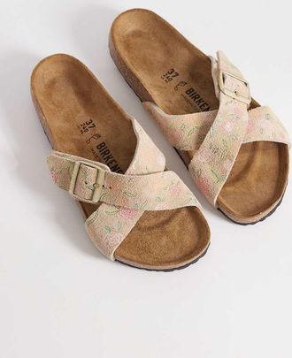 Birkenstock Siena - Sandales en daim &agrave; imprim&eacute; fleuri ch&acirc;teau de sable-Multicolore