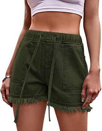 ORANDESIGNE Short en Jean Femme Taille Haute Pantalon Court Été Chic Et Elegant Shorts Denim Casual Mode Ample Bermuda en Jean Pants Pantalon Frange Armée Verte X
