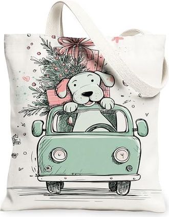 Generic Sac fourre-tout en toile motif chien de No&euml;l, sac &agrave; provisions r&eacute;utilisable, l&eacute;ger et lavable avec bandouli&egrave;re, blanc, 13x15 Inch