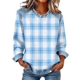 Generic Sweats pour femme sans capuche tendance vintage patchwork en denim sweatshirt printemps sortie tops couture plaid denim chemise habill&eacute;e d&eacute;contract&eacute;e 