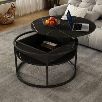 Vicco Table basse Marlo, Noir/marbre blanc, 77x77cm, Vicco
