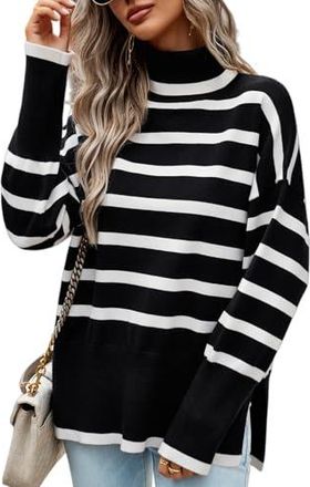 Generic Pull pour femme pour lautomne et lhiver, tricot c&ocirc;tel&eacute; ray&eacute; &agrave; col roul&eacute; pour femme, Noir, L