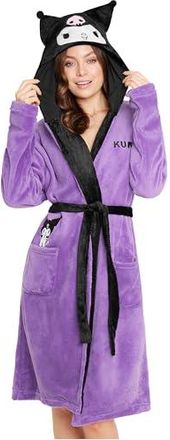 Hello Kitty Sanrio Peignoir Femme et Ado, Peignoir Capuche Polaire Doux avec Ceinture Cinnamoroll Kuromi, Anime Cadeau Femme (2XL, Violet Kuromi)