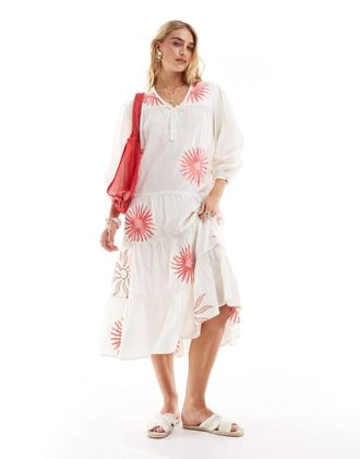Accessorize Robe de plage mi-longue &agrave; manches bouffantes et imprim&eacute; soleil estival-Blanc