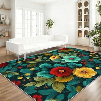 Generic Tapis &agrave; Motif Plantes R&eacute;tro Fleurs Grand Antid&eacute;rapant &agrave; Poils Courts Doux Chambre Poil Ras de Sol Color&eacute;, 120 x 180 cm