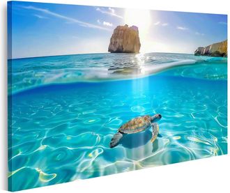 Islandburner Prime Bild auf Leinwand Schildkröte im kristallklaren Meer mit Felsinsel für Wohnzimmer Naturliebhaber Wellness-Spa Bilder Wandbilder Poster