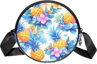 Generic Sac &agrave; bandouli&egrave;re rond pour femme, motif fleurs dananas avec fermeture &eacute;clair, bretelles r&eacute;glables, sac &agrave; main rond d&eacute;contract&eacute; pour femmes et filles