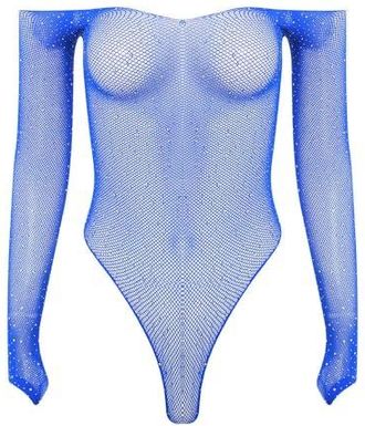 Generic YUJIEBB Justaucorps extensible &agrave; manches longues en r&eacute;sille avec strass brillants pour femme, bleu marine, Taille unique