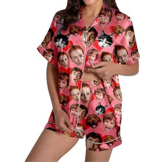 Generic Haut de pyjama en satin &agrave; manches courtes et boutonni&egrave;re, short assorti. V&ecirc;tement de nuit doux et imprim&eacute; pour femme., Rouge past&egrave;que, XXL