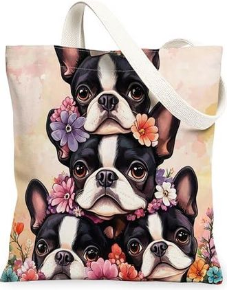 Generic Sac fourre-tout en toile motif chien terrier de Boston pour faire du shopping, 33 x 38,1 cm, sac &agrave; bandouli&egrave;re r&eacute;utilisable pour femme, peinture danim