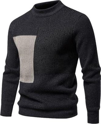 Generic Pull dhiver en tricot pour homme, col rond décontracté, chaud à manches longues, pull en tricot extensible, confortable, Noir, 4XL