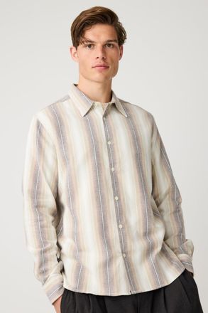 Knowledge Cotton Apparel Herren vegan Hemd Dune Regular Stripe Cremefarben Gestreift