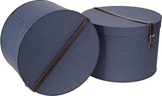 Bigso Box of Sweden BIGSO RUT 2er-Set Aufbewahrungsbox mit Deckel - runde Ordnungsbox mit Lederriemen - große und kleine Hutschachtel aus Faserplatte und Papier in Leinen