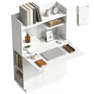 HOMCOM Bureau dordinateur - HOMCOM - design pliant avec plateau rabattable, &eacute;tag&egrave;res et placard - bois - 80x30x128cm - blanc