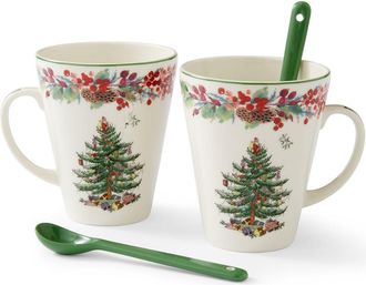 Spode 4-teiliges Set aus Tasse und Löffel, Motiv: Weihnachtsbaum 2023, mikrowellen- und spülmaschinenfest, niedliche Kaffeetassen, Porzellan-Kaffeetasse und
