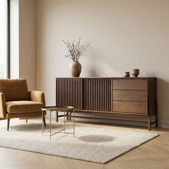IDIMEX Sideboard Adamo 175 cm aus Massivholz, Nussbaum Finish - Kommode mit 2 Lamellen-Schiebet&uuml;ren und 3 Schubk&auml;sten, Wohnzimmer M&ouml;bel mit gro&szlig;em Stauraum, 
