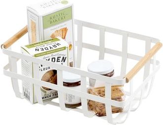 Yamazaki Tableware Yamazaki 2507 TOSCA Aufbewahrungskorb mit 2 Griffen, wei&szlig;, Stahl/Holz, minimalistisch, 36 x 22 x 16 cm