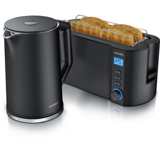Arendo Fr&uuml;hst&uuml;cksset, Wasserkocher elegant 1,5 Liter, 4-Scheiben Langschlitz Toaster, Schwarz - Arendo