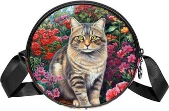 Generic Petit sac &agrave; bandouli&egrave;re rond pour femme, motif chat et fleur, sac &agrave; dos avec fermeture &eacute;clair, bretelles r&eacute;glables, sac &agrave; main rond d&eacute;contract&eacute; pour f