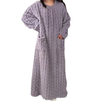 Generic Robe de chambre pour femme, chemise de nuit en flanelle - Chaud et confortable - Peignoir de bain en polaire super doux de couleur unie &agrave; col rond - C