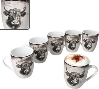 MamboCat Toro 6er Set Kaffeebecher I 280 ml I weiß-rosa Porzellan-Becher mit Henkel & Kuh Motiv I 6 Personen I Tassen im Landhaus-Stil für Heißgetränke wie Tee