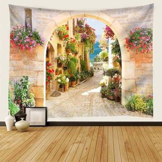 Generic Tenture Murale Rue du Jardin Tapisserie Murale Villes Italiennes 150x150 cm Tissu Mural Wall Art Tapestry Décoration Poster pour Chambre Salon A-0183