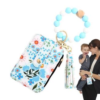 Generic Portefeuille &agrave; glands - Porte-cl&eacute;s &agrave; perles - Porte-cartes de cr&eacute;dit - Portefeuille boh&egrave;me avec motif floral - Pour femmes, filles, adultes, Bleu clai